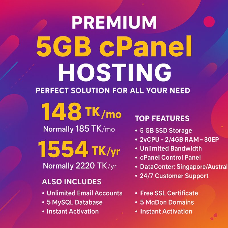 Premium 5GB cPanel Hosting Plan for WordPress Price in Bangladesh | BDStall